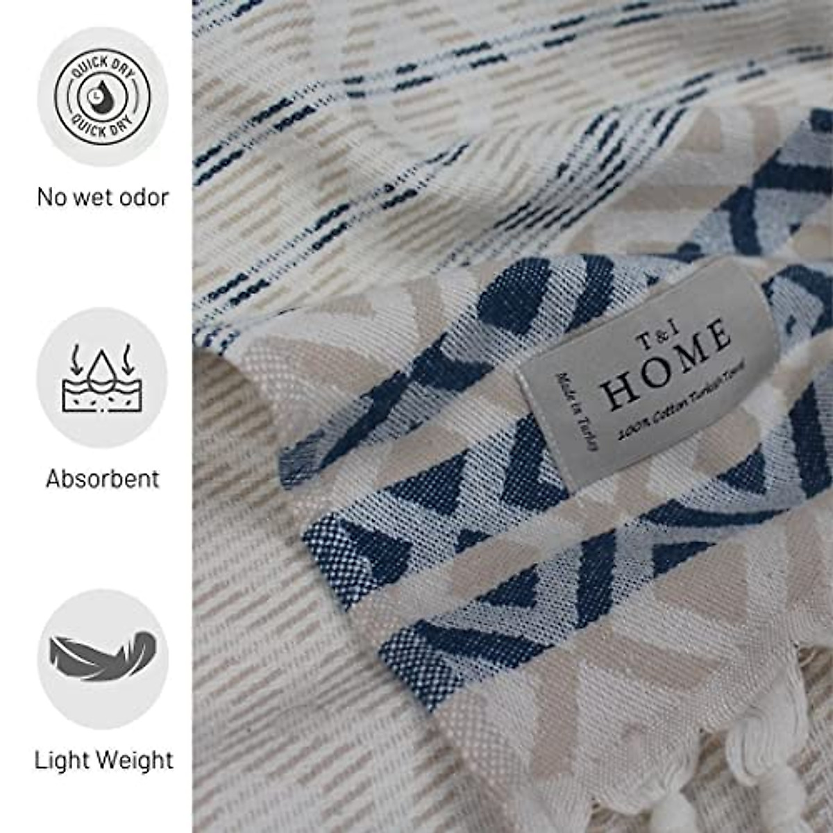 T&I Home Diamond Decorative Turkish Hand Towels for Bathroom - Set of 2 (16x40) Navy Blue, Soft 100% Cotton - Quick Dry, Prewashed, No Shrink - Farmhouse Boho Kitchen Towel Set, Hair, Face, Tea, Dish