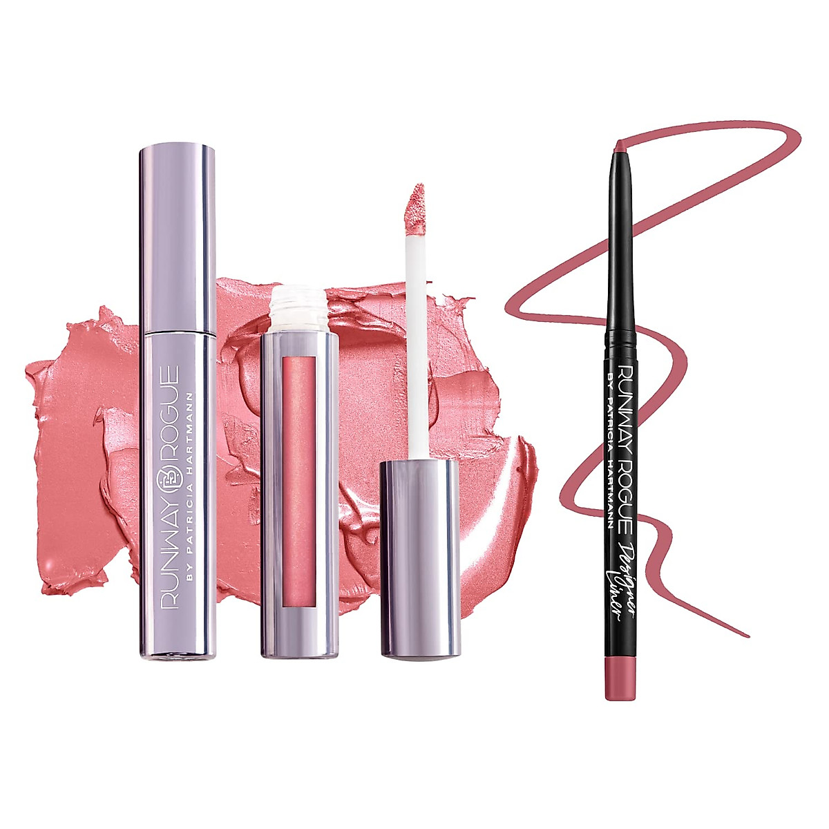 Runway Rogue ‘Call Sheet’ Light-Pink Silk Glam Long Wear Liquid Lipstick Bundle with ‘Camera Ready’ Matte Rose-Pink Designer Liner Lip Liner