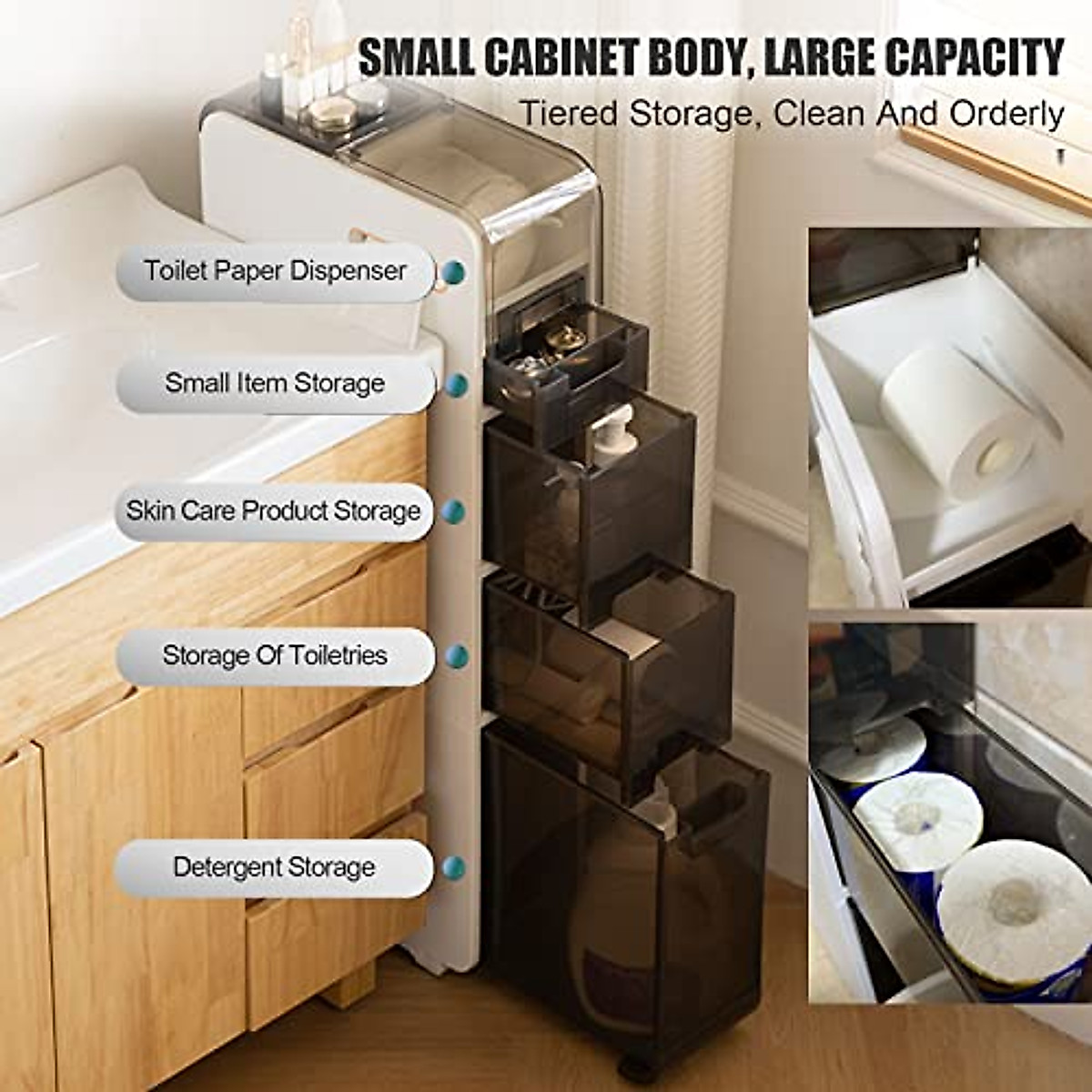 OEODJUJS 6.9" W Skinny Bathroom Storage Cabinet, 4 Tier Toilet Paper Holder Cabinet with Drawers, Narrow Pantry Cabinet for Bedroom/Kitchen Small Space, White