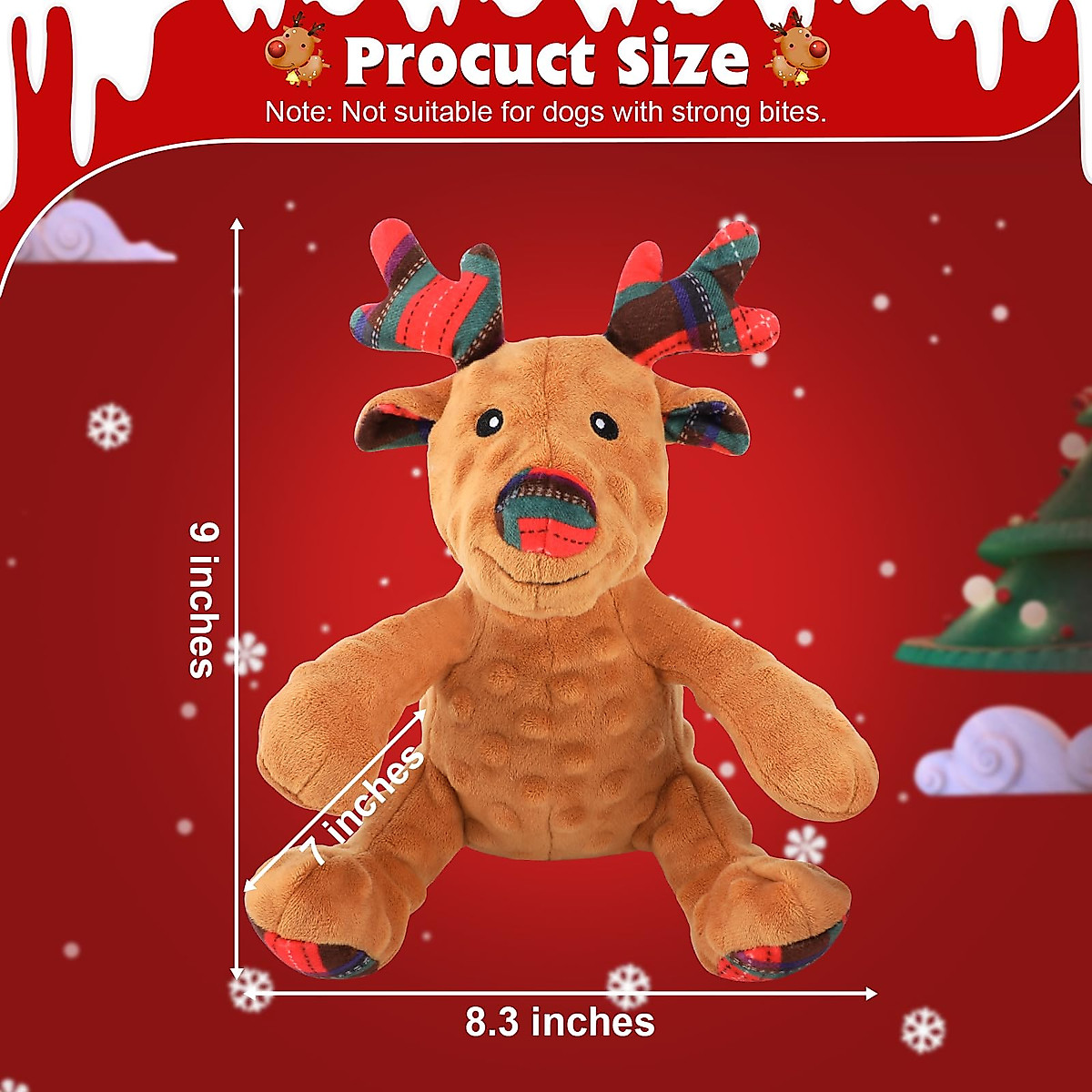 YUEPET Christmas Squeaky Dog Chew Toys, Reindeer Plush Dog Toys for Cleaning Teeth, Durable Stuffed Dog Toys with Crinkle Paper for Puppies Small Medium Dogs