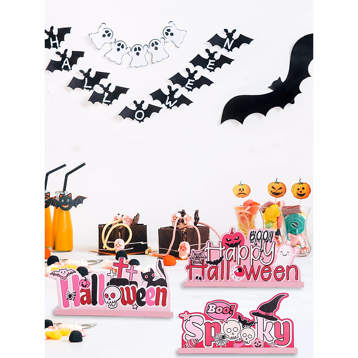 3 pcs Halloween Table Decor Wooden Centerpiece Signs- Happy Halloween Trick or Treat Boo Tabletop Signs with Witch Hat Goast Pumpkin for Home Party Office Desk Halloween Decorations Indoor