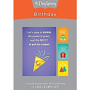 DaySpring - God’s Plan is Good – Birthday – 4 Design Assortment with Scripture – 12 Happy Birthday Cards & Envelopes (J9174)