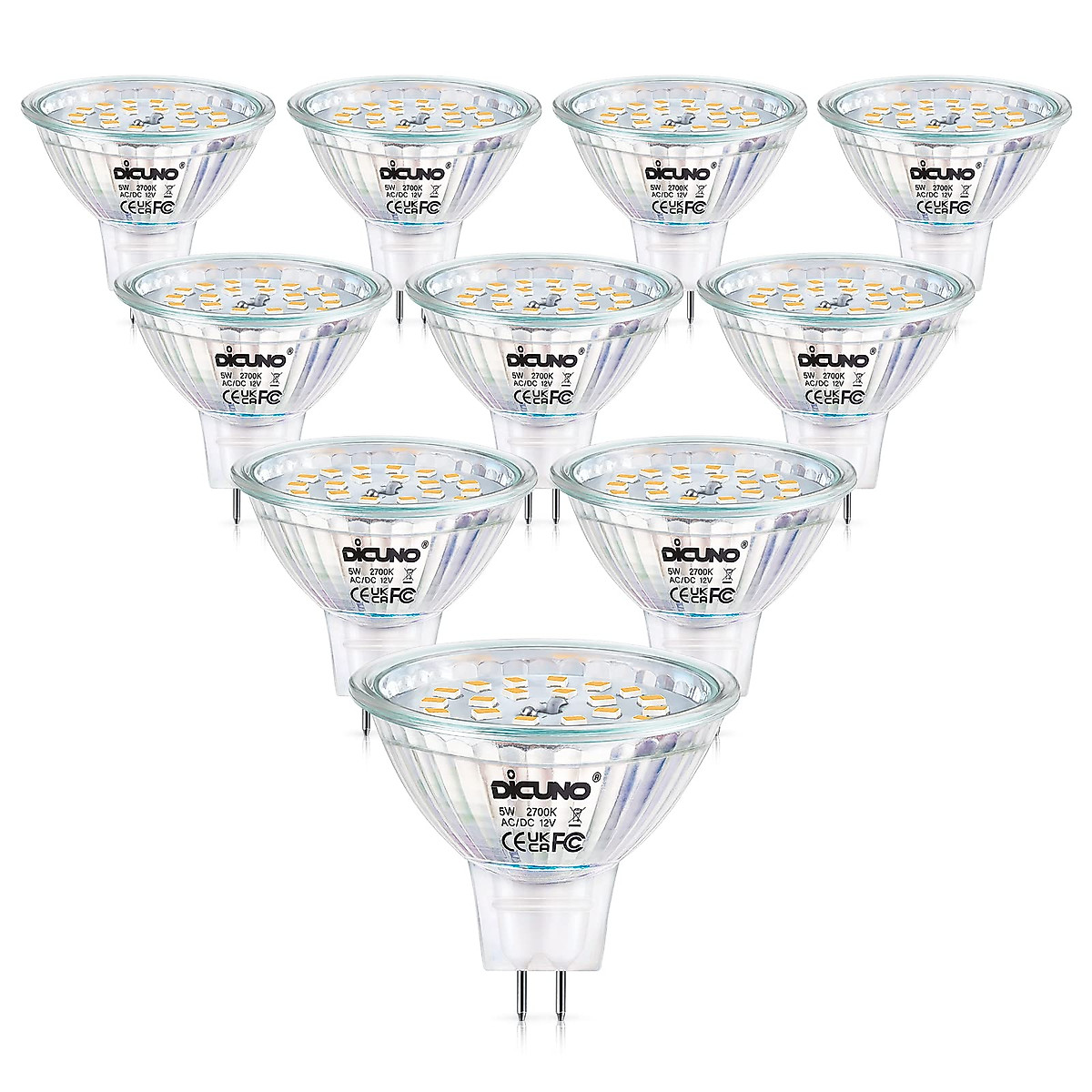 DiCUNO MR16 LED Bulbs Dimmable 50W Halogen Replacement 2700K Warm White, GU5.3 Bi-Pin Base Glass Cover 120 Degree Beam Angle 12V 5W 500 Lumens, Landscape Spotlight Track Recessed Lighting, 10 Packs