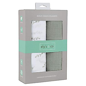 Ely's & Co. Muslin Swaddle Blanket 2-Pack — 100% Cotton Muslin Extra-Large Swaddle Blankets (47” x 47”) Watercolor Eucalyptus Print & Solid Sage