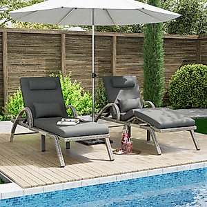 MEISSALIVVE Outdoor Lounge Chairs Set of 2, Pool Lounge Chairs with Adjustable 5 Position Backrest & Leg Support, PE Rattan Chaise Lounge Patio Chairs for Backyard Porch Deck (Grey)