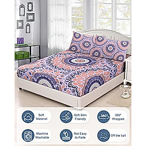 Fitted Sheet Twin XL Size Bed Sheets with Deep Pocket,Indian Mandala Abstract Floral Brushed Microfiber Hotel Bed Sheet with Pillow Case,Ethnic Style Circle Line Block Mattress Cover with Elastic