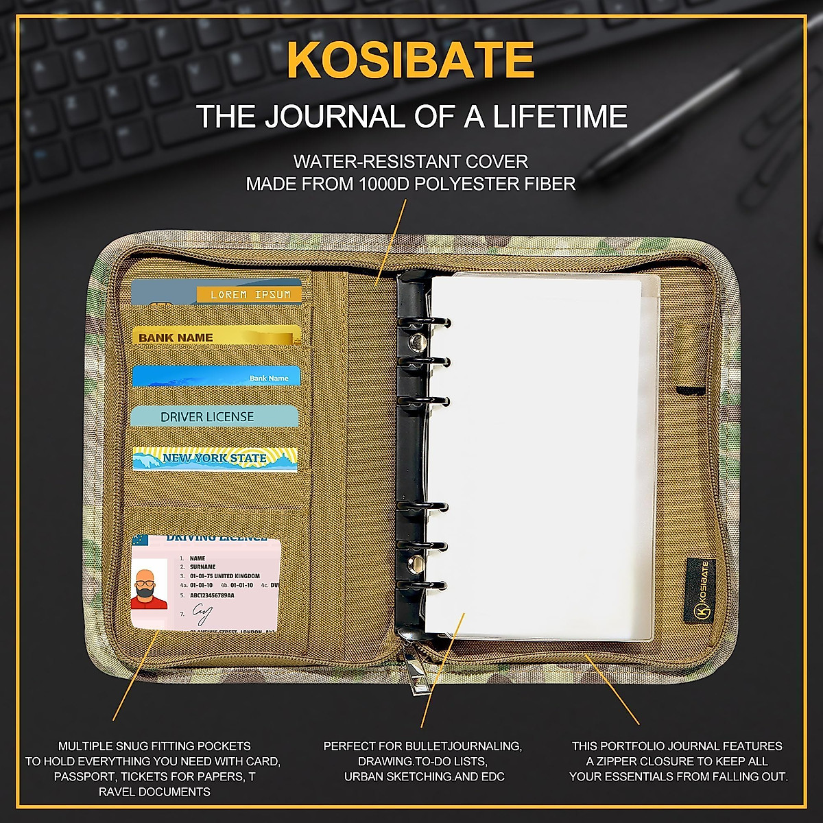 Kosibate Padfolio Ring Binder with 45 Sheets 90 Pages of Loose-Leaf Paper, Weatherproof Notebook Cover, Tactical Notebook with Zippered for Folders, Business Cards Refillable 6-Ring Notepad(5.5"x8.5")