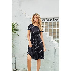 MicroStar dresses for women 2023 Slim Short Sleeve Round Neck A Line Fit and Flare Knee Length Sun Dress Black Polka Dot