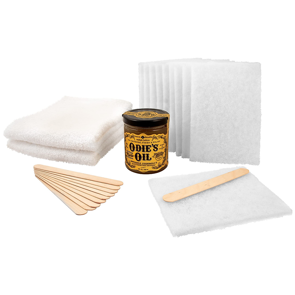 ODIE'S Oil Starter Kit Oil 9 Ounce Jar •10 Non-Woven White Applicator Pads •2 Terry Cloth Buffing Towels and 10 Wooden Stirring Sticks