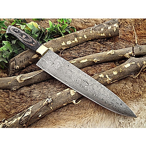 Damascus Steel Kitchen Knife, 14 Inches Long with 9" Long Hand Forged Blade, 2 Tone Dollar Wood Scale with Brass Bolster