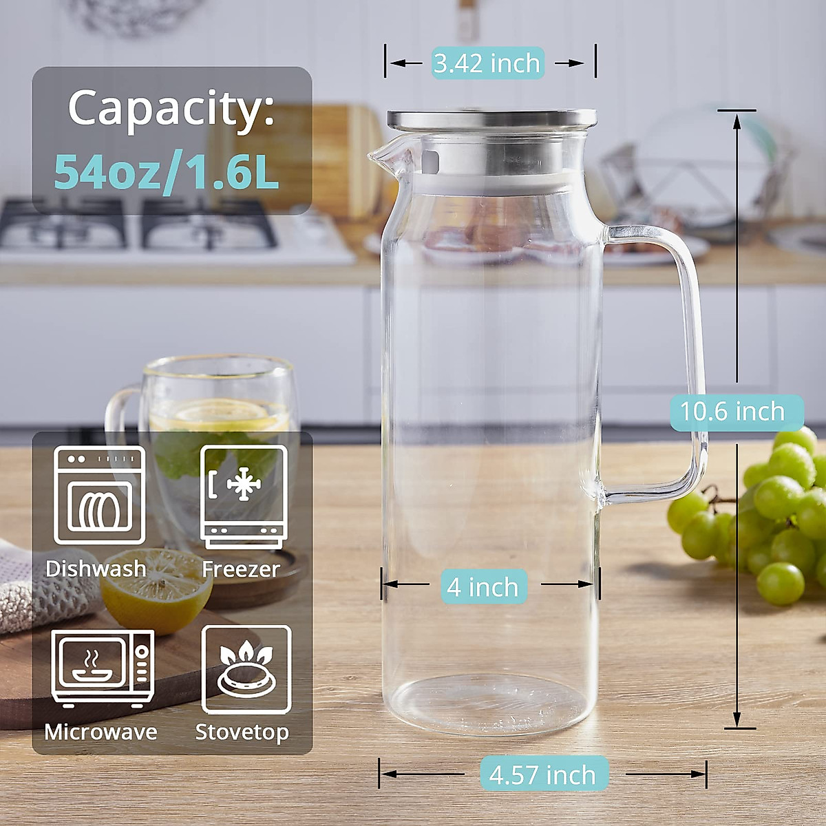 1.6 Liter 54 oz Glass Pitcher with Lid and Spout, Bivvclaz Glass Carafe Water Pitcher for Hot/Cold Water, Iced Tea, Drinks, Coffee, Juice and Homemade Beverage