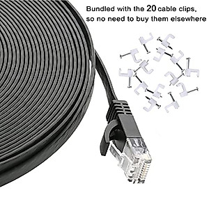 Cat 6 Ethernet Cable 50 Ft, Outdoor & Indoor, 10Gbps Support Cat7 Network, Heavy Duty Flat Internet LAN Patch Cord, Solid High Speed Weatherproof Cable with Clips for Router, Modem, PS4/5, Xbox, Black