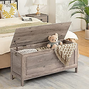 HOOBRO Storage Chest, Retro Toy Box Organizer with Safety Hinge, Sturdy Entryway Storage Bench, Wooden Look Accent Furniture, Easy Assembly, Greige BG100CW01