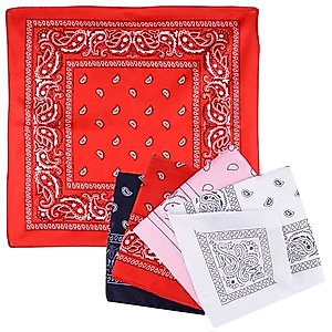 The Dreidel Company Classic Bandana Handkerchiefs, Southwestern Cowboy Design Fashion, Unisex Print Head Wrap, 19" (12-Pack, Red, Blue, Pink, White)