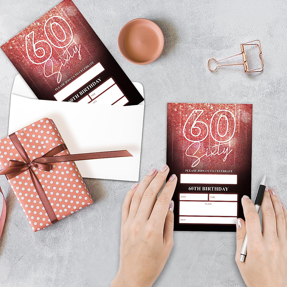 Ziyouza Neon Pink Birthday Invites, 60th Birthday Party Invitations for Woman and Man, Rose Gold Glitter Birthday Party Invitations (20 Count with Envelopes) for Adult Birthday, Surprise Party-29