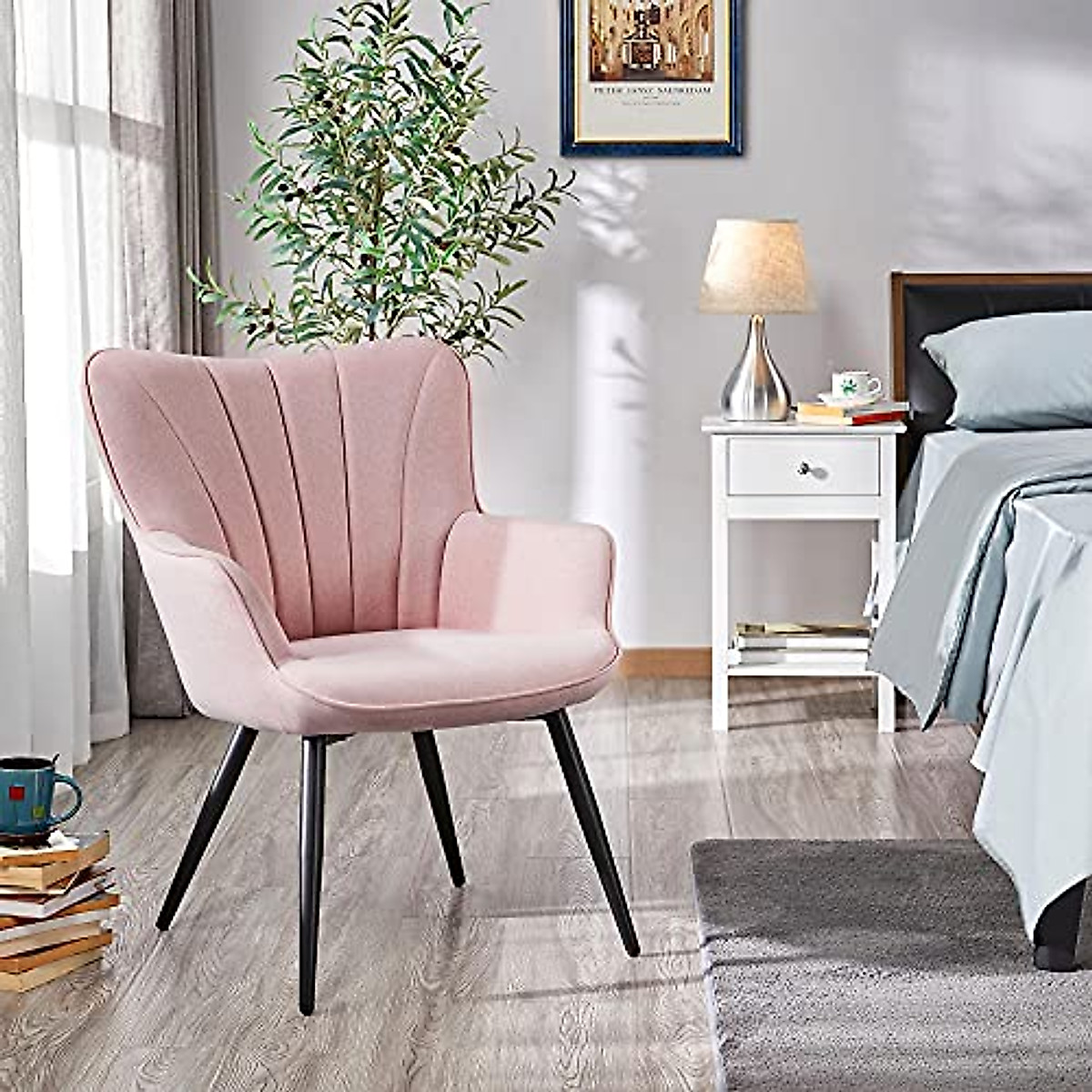 Yaheetech Accent Chair, Modern and Elegant Armchair, Linen Fabric Living Room Chair with Mental Legs and High Back for Living Room Bedroom Office Waiting Room, Pink