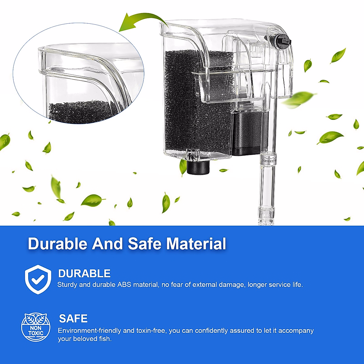 DaToo Aquarium Filter Hang On Waterfall Small Fish Tank Filter Quiet 66GPH 3W Adjustable Fish Tank Filters with Bio-Foam for 2 to 8 Gallons Aquariums