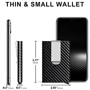 SLUKULU Slim Wallet for Men with Money Clip and Credit Card Holder, RFID Blocking Carbon Fiber Wallet,Minimalist Pop-Up Metal Front Pocket Wallet. (Black)