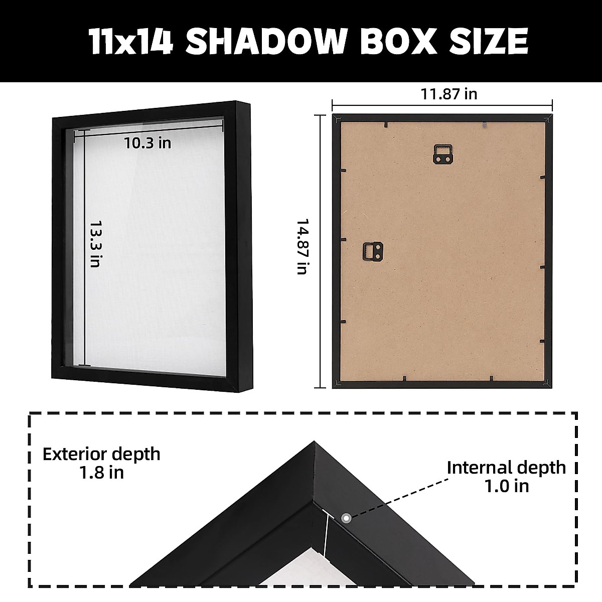 Muzilife Shadow Box Picture Frame with Linen Board Deep Wood Glass Display Case Ready to Hang Memory Box Baby Sports Memorabilia, Pins, Awards, Medals, Wedding, Tickets and Photos, Black, 2pcs 11X14