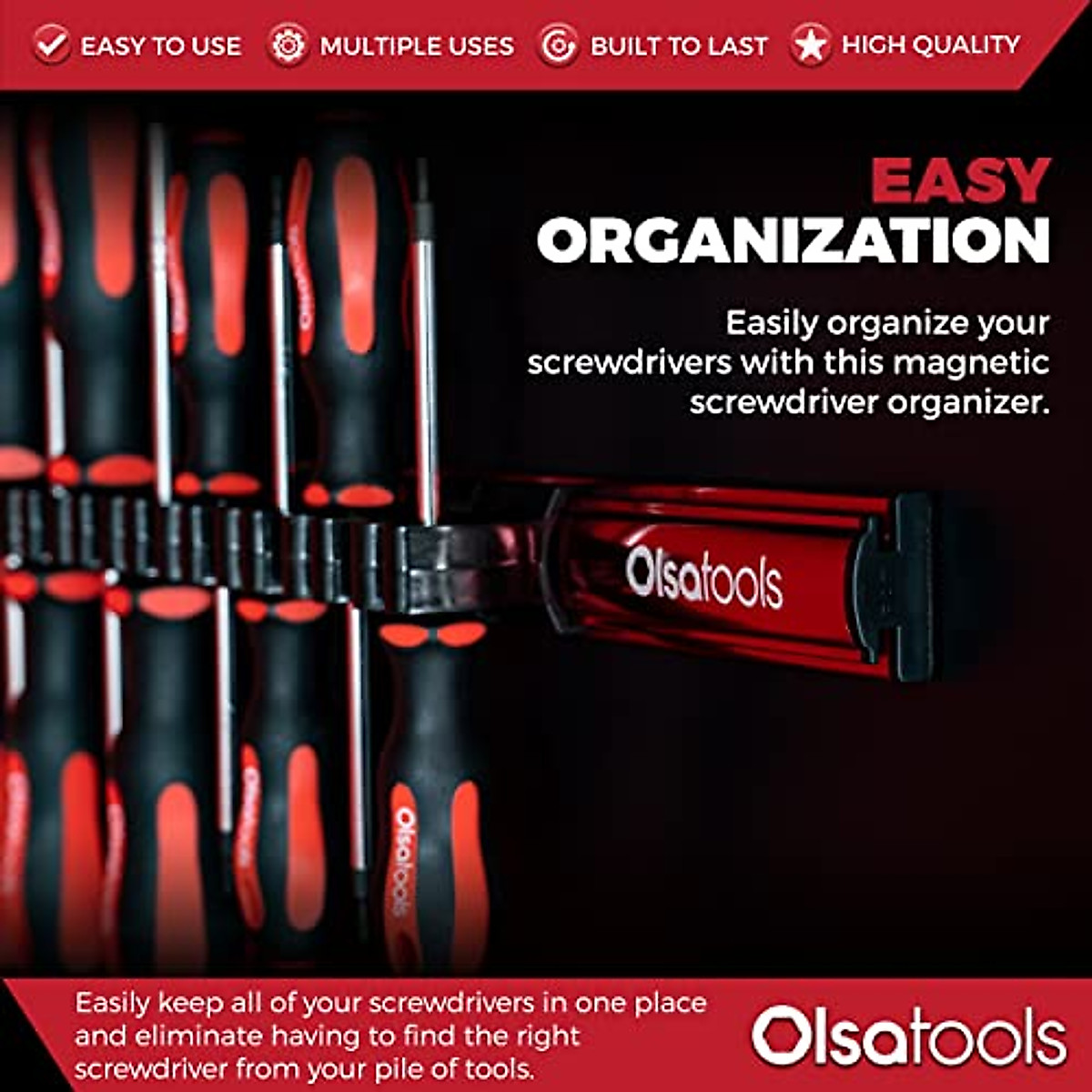 Olsa Tools Magnetic Screwdriver Organizer | Professional Quality Tool Holder | Fits up to 16 Screwdrivers | Red