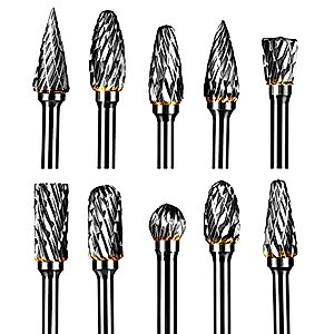 YXGOOD 10 Pieces Tungsten Carbide Double Cut Rotary Burr Set with 3 mm (1/8 Inch) Shank and 6 mm (1/4 Inch) Head Size (Style 1)