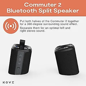 KOVE Commuter 2 - Black Bluetooth Speakers, Portable, Wireless with HD Louder Volume, Deep Bass Subwoofer, Microphone, IPX7 Water Resistant - Perfect Boom Box for Home, Outdoor or Travel