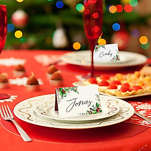 50pcs Christmas Place Cards for Table Setting Holiday Holly Berry Tented Foldable Name Place Cards for Tables Christmas Party (Merry Christmas)