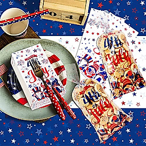 100Pcs Patriotic Decorations 4th of July Party Cellophane Treat Bags,Red Blue Stars Plastic Goodie Bags Candy Favor Bags with Silver Twist Ties for American Patriotic Day Veterans Day Party Supplies