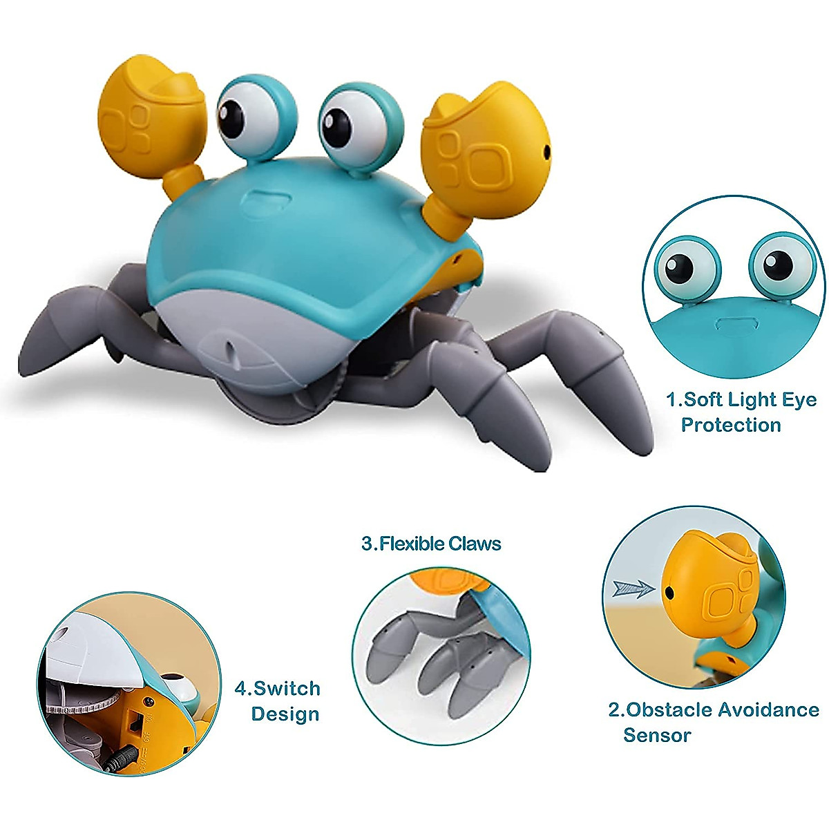 FUNDISINN Crawling Crab Baby Toy with Music and Light, Tummy Time Walking Crab with Sensor Obstacle Avoidance, USB Rechargeable, Fun Moving Toy for Babies, Toddlers and Kids(Green)