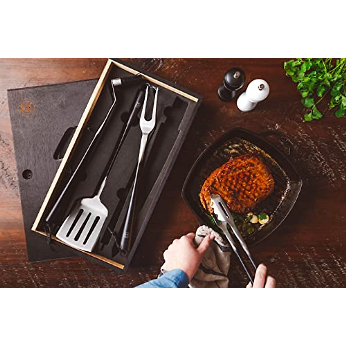 Schmidt Brothers - BBQ Carbon 6, 4-Piece Grilling Accessory Set, Full-Forged Stainless Steel Grilling Utensils Including Spatula, Fork, Basting Brush, and Tongs with All Wood Handles