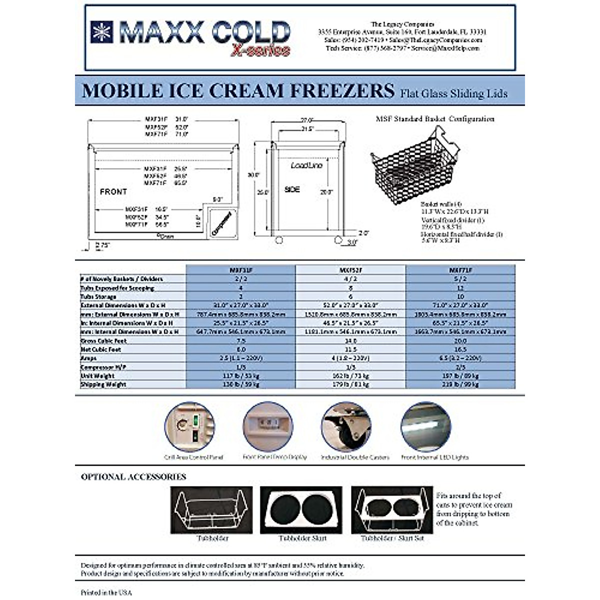Maxx Cold MXF71F Sliding Glass Top Mobile Ice Cream Display Freezer Equipped with 5 Baskets, White