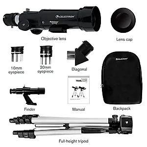 Celestron - 70mm Travel Scope - Portable Refractor Telescope - Fully-Coated Glass Optics - Ideal Telescope for Beginners - BONUS Astronomy Software Package