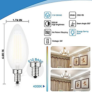 CRLight 6W 4000K LED Candelabra Bulb Daylight White, 60W Equivalent 600 LM Dimmable E12 LED Candle Bulbs, Lengthened & Enlarged B17 Frosted Torpedo Shape Chandelier Light Bulbs, 8 Pack