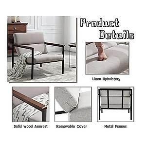 EALSON Mid Century Modern Accent Chair Comfy Armchair with Metal Frame Linen Upholstered Lounge Chair Single Sofa Chair with Wood Armrest for Living Room/Bedroom/Reception Room, Grey