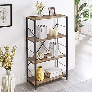 FOLUBAN 4 Tier Open Bookshelf, Vintage Free Standing Book Shelf, Rustic Wood and Metal Bookcase for Home Office, Oak
