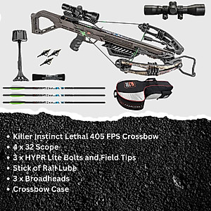 Killer Instinct Lethal 405 FPS Crossbow Bundle with Crossbows Slayer Crossbow Case, and Fixed-Blade Steel Tip 100-Grain Hunting Broadheads (3-Pack)