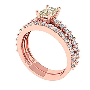 Clara Pucci 1.51ct Emerald Cut Solitaire Natural Brown Morganite Designer Art Deco Statement Wedding Ring Band Set 18K Rose Pink Gold 9.5