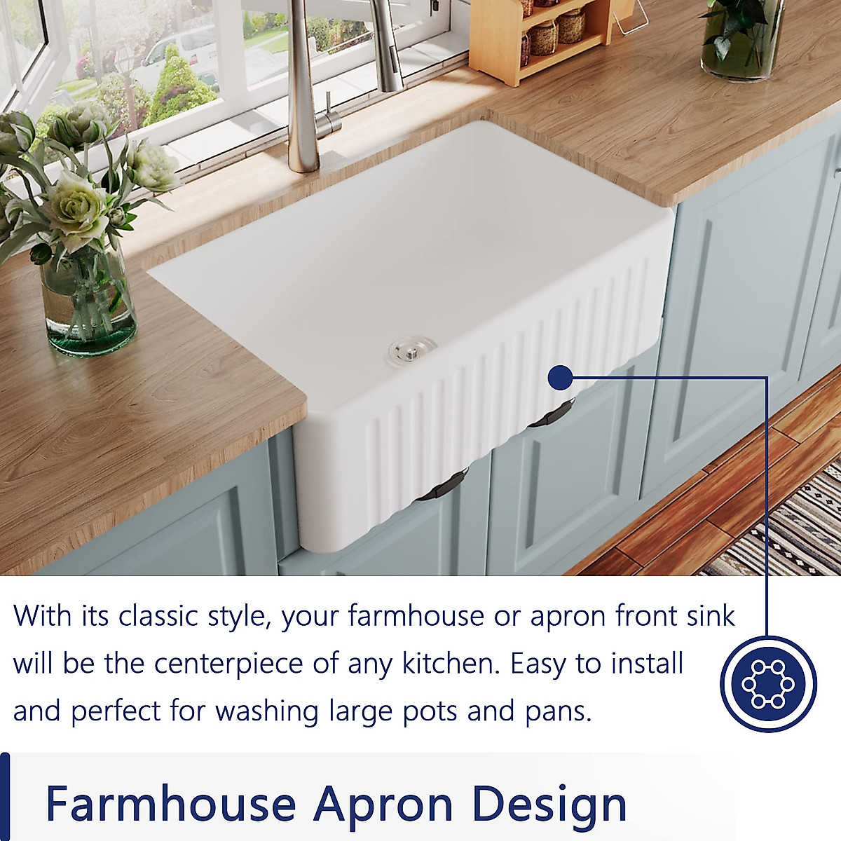 DeerValley Farmhouse Sink, 30" L x 18" W Single Bowl Farm Kitchen Sinks, White Farmhouse Kitchen Sink Apron Front Gloss Farm Sink Ceramic Drop in Apron Front Sink with Accessories