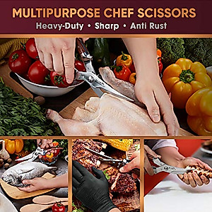 Heavy Duty Poultry Shears | Food Grade Stainless Steel Scissors for Bone, Chicken, Meat, Fish, Seafood, Vegetables | Anti-Rust Ergonomic Spring Loaded Food SHEAR | Built-In Lock |(Brown Wood Handles)