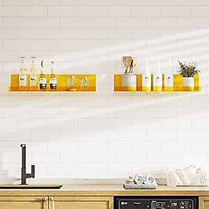 RRG 15 Inch Acrylic Floating Shelves, 2 Pack Kids Floating Bookshelf Wall Mounted Display Shelf for Books, Kids Room, Nursery, Bedroom, Bathroom, Living Room (Yellow)
