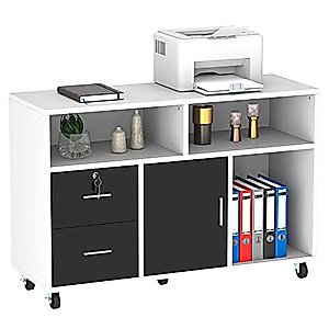YITAHOME Wood File Cabinet, 2 Drawer Mobile Lateral Storage Cabinet Printer Stand with Lock and Open Storage Shelves for Home Office, White,Drawers Without Hanging Bars