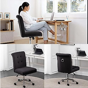JOUUQZ Velvet Office Chair Button Tufted Swivel Adjustable Desk Chair with Nailheads Trim, Upholstered Armless Black Home Office Desk Chair with Wheels and Metal Base