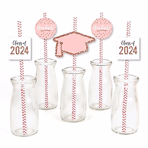 Big Dot of Happiness Rose Gold Grad - Paper Straw Decor - 2024 Graduation Party Striped Decorative Straws - Set of 24