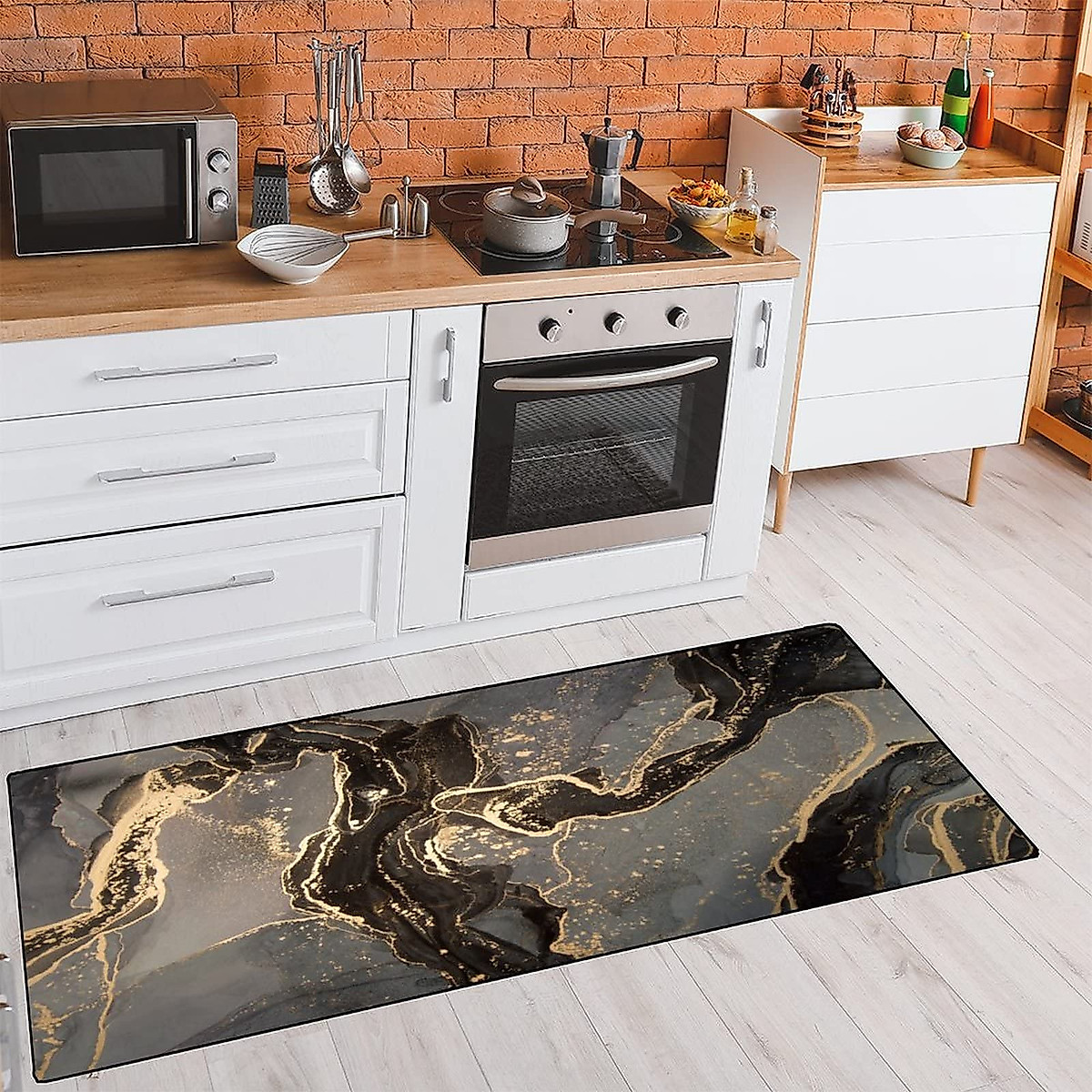TsyTma Luxury Black Gray Gold Marble Kitchen Rug Soft Kitchen Mats Black Gold Glitter Bathroom Rug Runner Doormats Carpet for Home Decor 39" X 20"