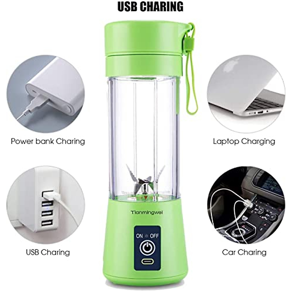Tianmingwei Portable Blender Personal 6 Blades Juicer Cup Household Fruit Mixer with Magnetic Secure Switch USB Charger Cable 400ml (Green)