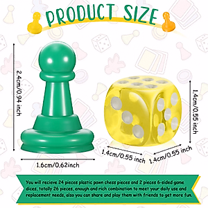 26 Pieces Multicolor Board Game Pieces and Dice Include 24 Multicolor Plastic Pawn Chess Pieces and 2 Plastic 6-Sided Game Dices, Chess Game Pieces Dice Set for Board Game Components Table Marking