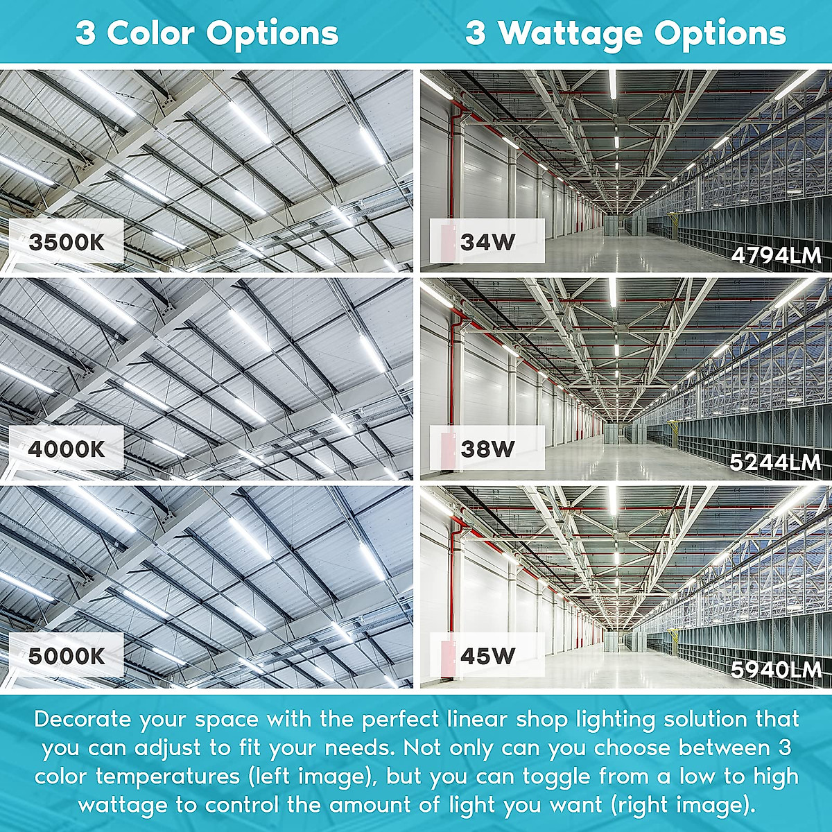 LUXRITE 4FT LED Strip Light Fixture, 34W/38W/45W Adjustable, Up to 5940 Lumens, 3 Color Selectable 3500K-5000K, Linear Shop Light, 0-10V Dimmable, Damp Rated, UL Listed - Garage, Workshop