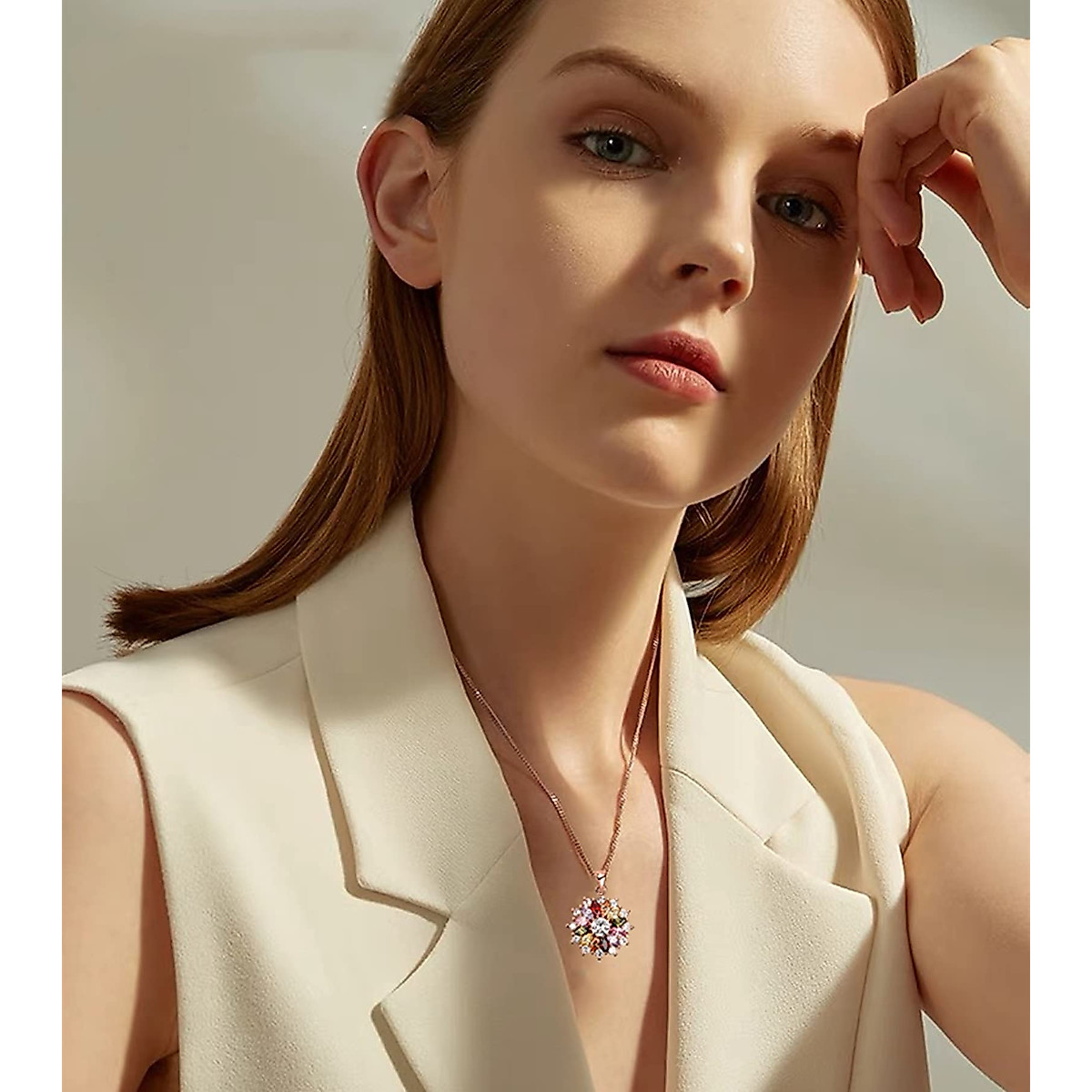 VONSSY Colorful Snowflake Pendant Necklace Earrings Rose Gold 5A Cubic Zirconia | Crystal Sweater Chain | Multi Gemstone Garnet Amethyst Morganite Peridot Prom Rhinestone Necklaces