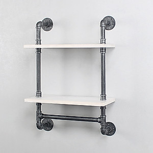 Industrial Pipe Shelf Bathroom Shelves Wall Mounted,19.6in Rustic Wood Shelf with Towel Bar,2 Tier Farmhouse Towel Rack Over Toilet,Pipe Shelving Floating Shelves Towel Holder,Retro White