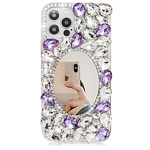 Crystal Mirror Case for iPhone 13 Pro,Luxury Sparkle Bling 3D Diamond Rhinestone Phone Case Women Girls Makeup MOIKY Clear Slim Shockproof TPU Bumper Protective Cover for iPhone 13 Pro(White+Purple)